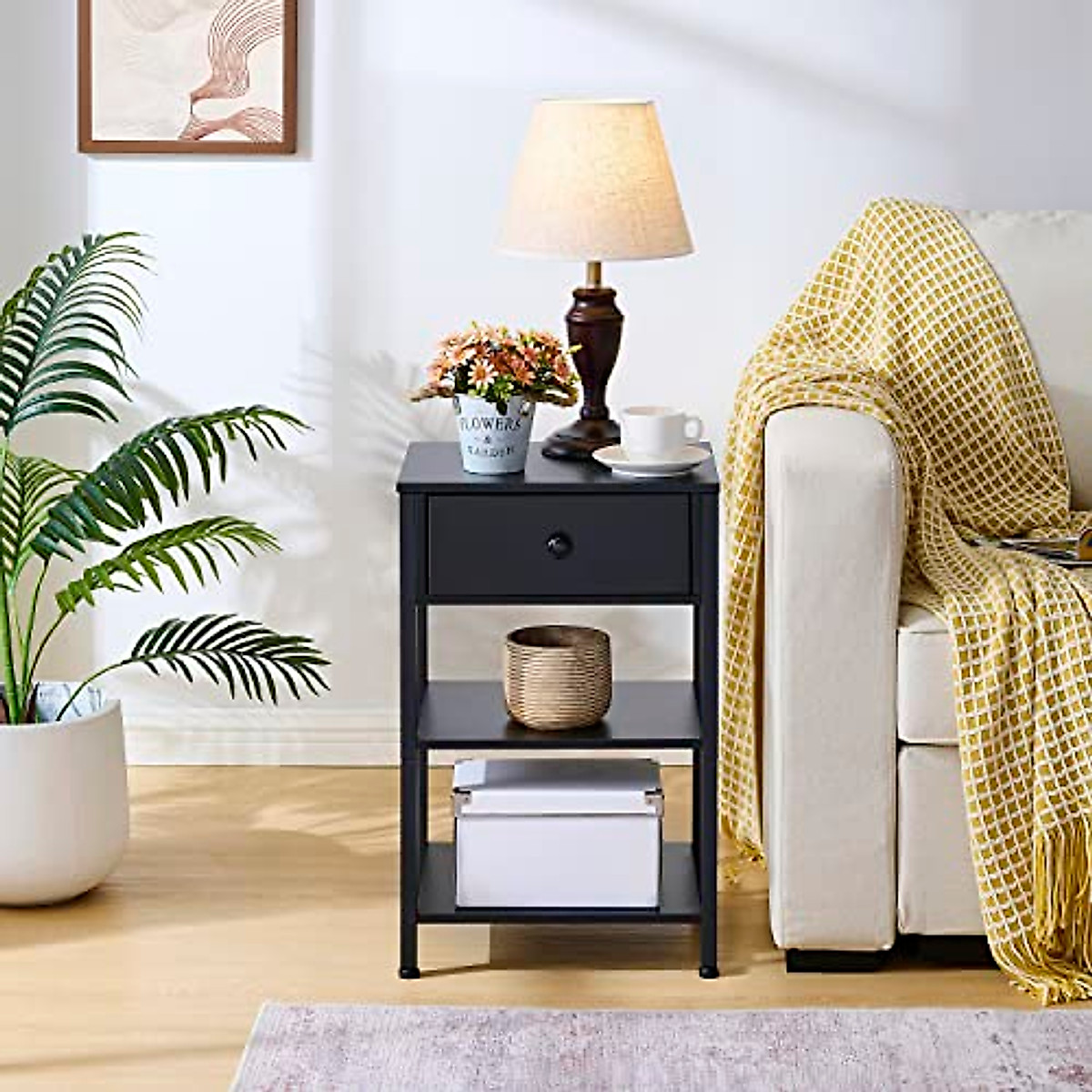 Hoctieon Nightstand, Nightstand with Drawer, Small Bedside Table, End Table with Drawer, Small Nightstand, Industrial Nightstand, Easy Assenbly, for Bedroom, Living Room, Office, Wood, Black