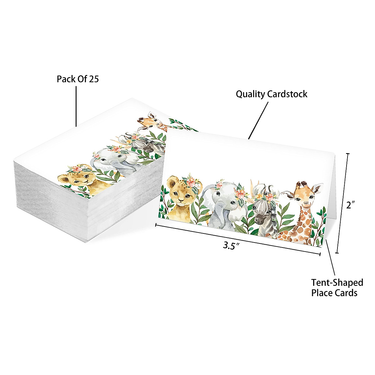 Table Place Card, Jungle Safari Animals Themed Tent Style Cards, Pack of 25 Half-Fold Reception Place Card, Wild Animal Food Labels, Perfect for Baby Shower, Birthday Party C03