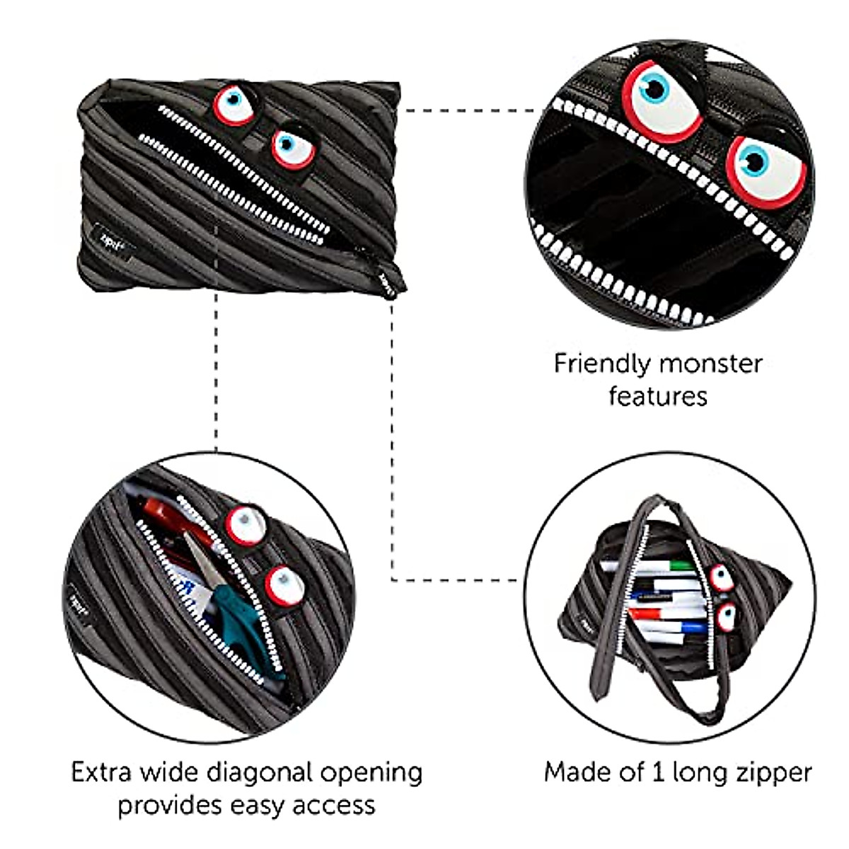 ZIPIT Wildlings Large Pencil Case for Kids | Pencil Pouch for School, College and Office | Pencil Bag for Boys & Girls (Black)