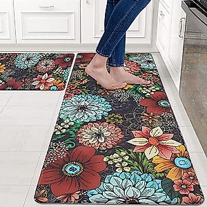ASPMIZ Boho Kitchen Rugs Set of 2 Non Slip Washable, Farmhouse Floral Kitchen Mats Cushioned Anti Fatigue, Waterproof Rugs for Kitchen Floor Mats for in Front of Sink, 18'' x 48'' + 18'' x 30''
