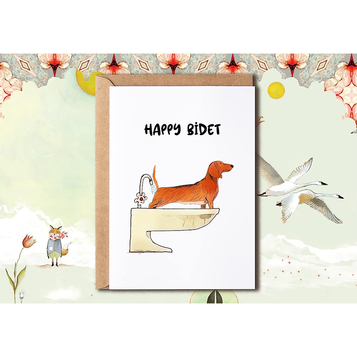 NTVShop Happy Bidet Card - Funny Birthday Card - Toilet Pun - Sausage Dog - Funny Dog - Dog Birthday Card - Funny Dachshund Card