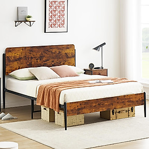 IDEALHOUSE Full Size Metal Bed Frame with Wooden Headboard and Footboard, Platform Full Bed Frame with Under Bed Storage, Strong Metal Slat Support, No Box Spring Needed, Brown