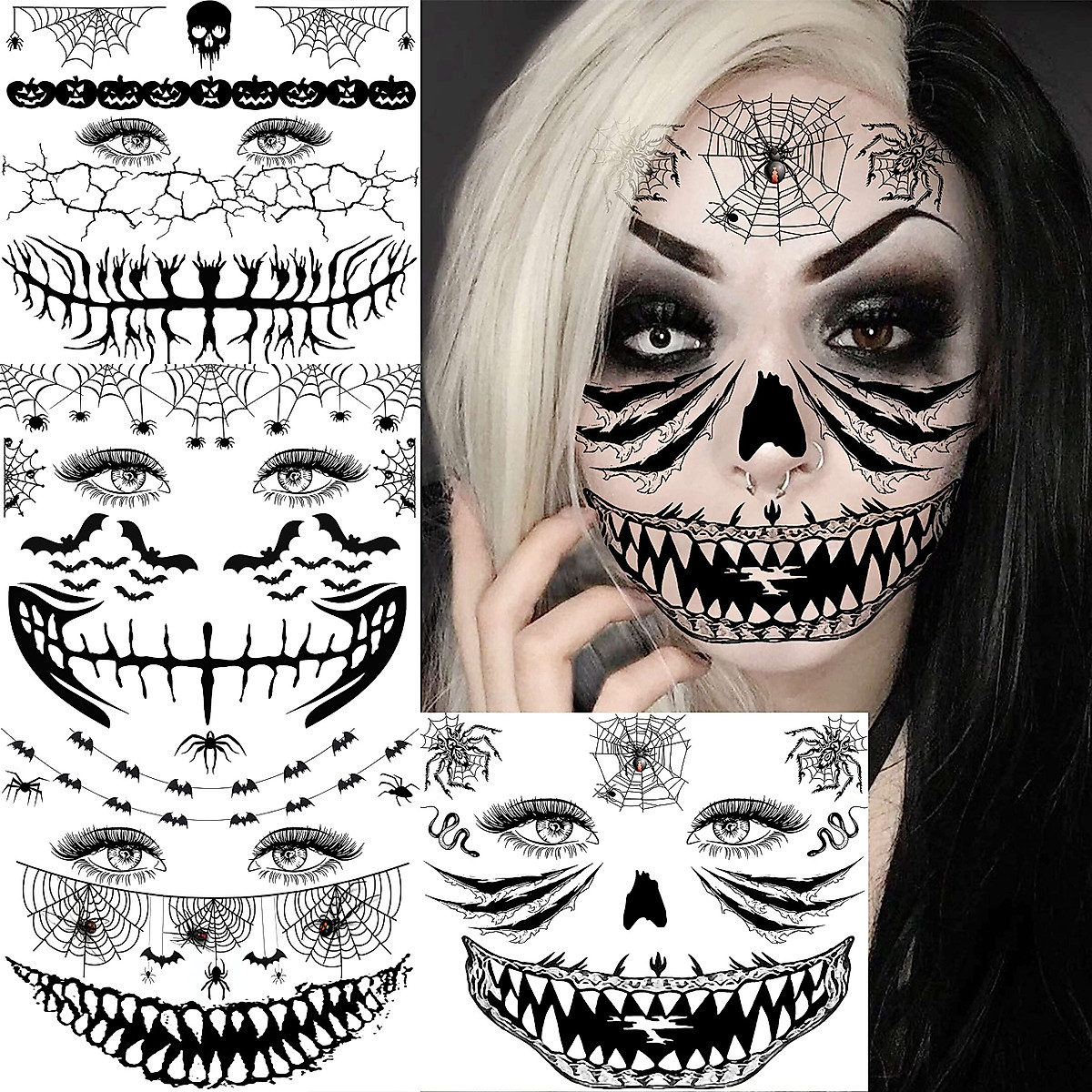 EGMBGM 4 Sheets Scary Halloween Face Temporary Tattoos For Women Men, 3D Witch Zombie Makeup Kit For Kids Girls Boys Adults, Dia de los muertos Day of the Dead Makeup Face Tattoos Spider Web Bat Scar