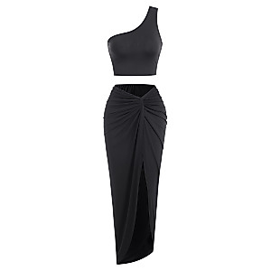 ZAFUL Women’s 2 Pieces Skirt with Crop Tank, High-Slit Twist Skirt Set Bodycon Dress for Party Club Nightout Cocktail (aa-Black, Large)