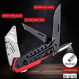 edcfans Folding Utility Knife Box Cutter with 5 Razor Blades, Screwdriver, Saw, Fruit Knife, Lock Design, Pocket Clip and Holder for Belt, EDC Heavy Duty Work Knifes, Gift for Men Dad Him