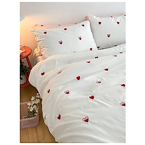 QWINEE 3Pcs Heart Embroidered Duvet Covers Sets Soft 3 Pieces Farmhouse Bedding Set with 1 Comforter Cover and 2 Pillowcases for All Season Rustic Lightweight White A Full