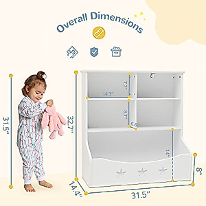 Curipeer Kids Bookshelf, 3-Shelf Storage Bookcase,Large Wooden Open Book Shelf with 5 Cube Units, Star Pattern Toy Organizer and Storage Cabinet for Playing Room, Nursery, Baby's Bedroom, White
