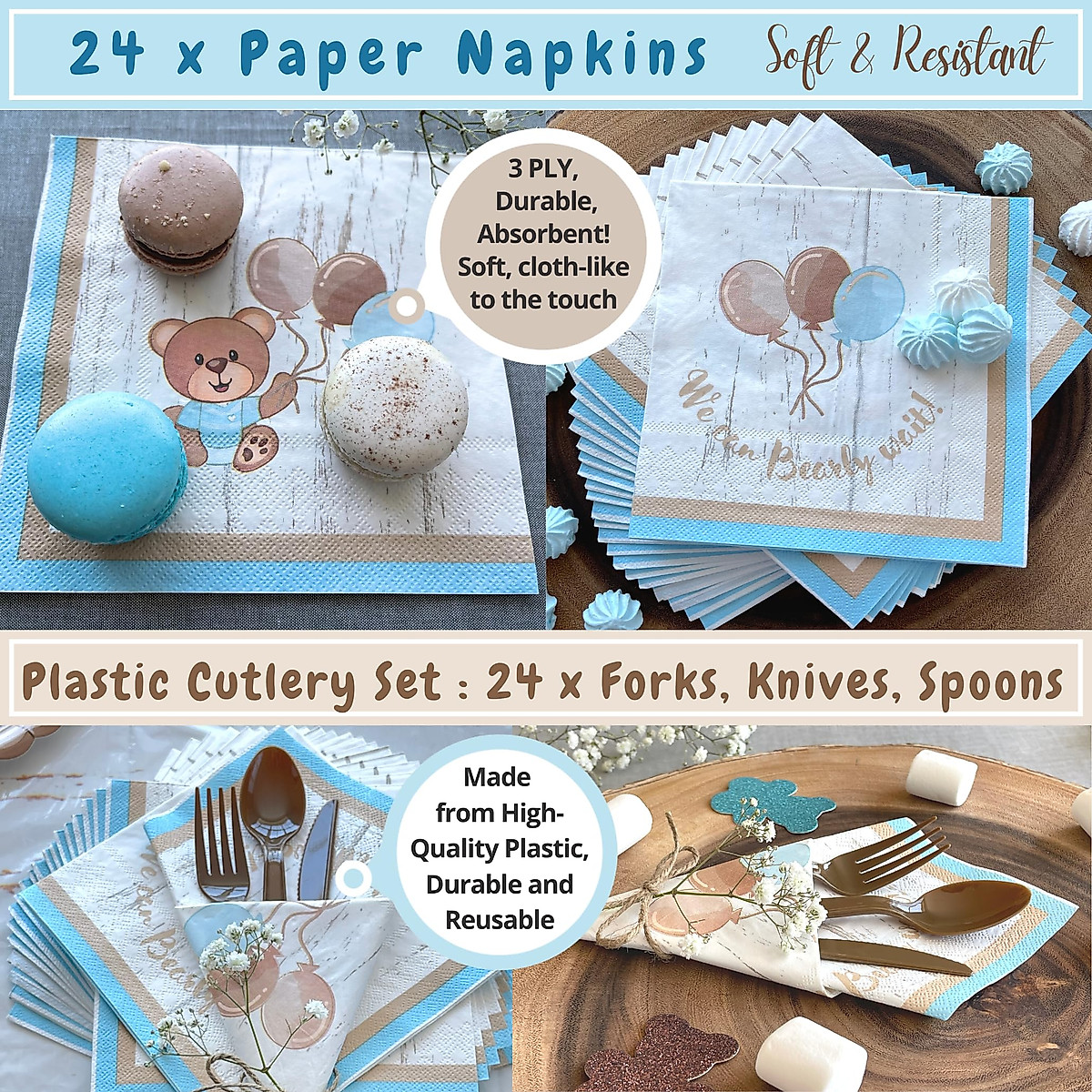 193 Pc Teddy Bear Baby Shower Decorations Tableware - We Can Bearly Wait Teddy Bear Plates, Cups, Napkins, Tablecloth, Straws, Cutlery - Serves 24