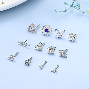 YADOCA 12 Pcs 20G Nose Studs Surgical Steel Nose Rings Studs for Women Men CZ Heart Butterfly Flower Snake Nose Piercing Jewelry