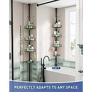 SEIRIONE Corner Shower Caddy Tension Pole, 4-Tier Rust-Free Shower Organizer Corner, Adjustable Shower Shelf for Inside Shower, Easy-Install Shower Rack for Shower Storage, 61.3 to 113Inch, Black