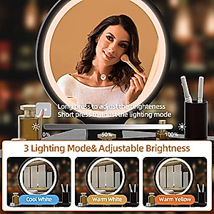 Visiblesser Corner Vanity Desk with Mirror and Lights, Black Vanity Table with Drawers, Dressing Table with 3 Dimming Lights, Corner Makeup Vanity with Stool