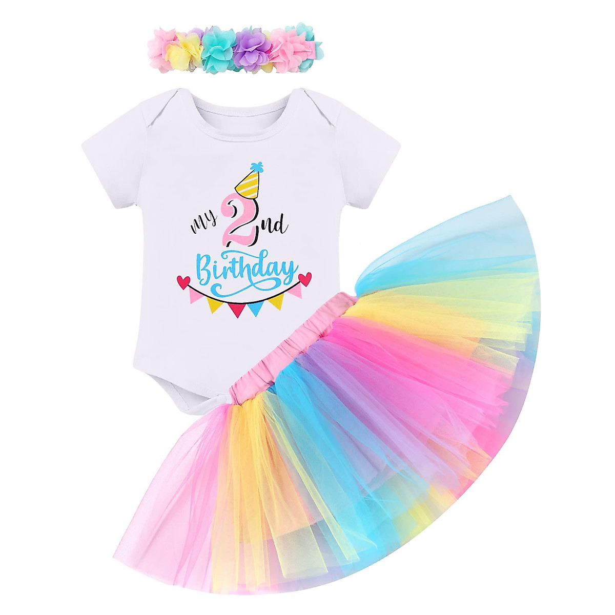Baby Girl Toddler Kids Rainbow 2nd Birthday Cake Smash Outfit Cotton Short Sleeve Romper Princess Tutu Tulle Skirt Flower Headband 3pcs Two Years Old Party Photo Shooting Summer Clothes Colorful