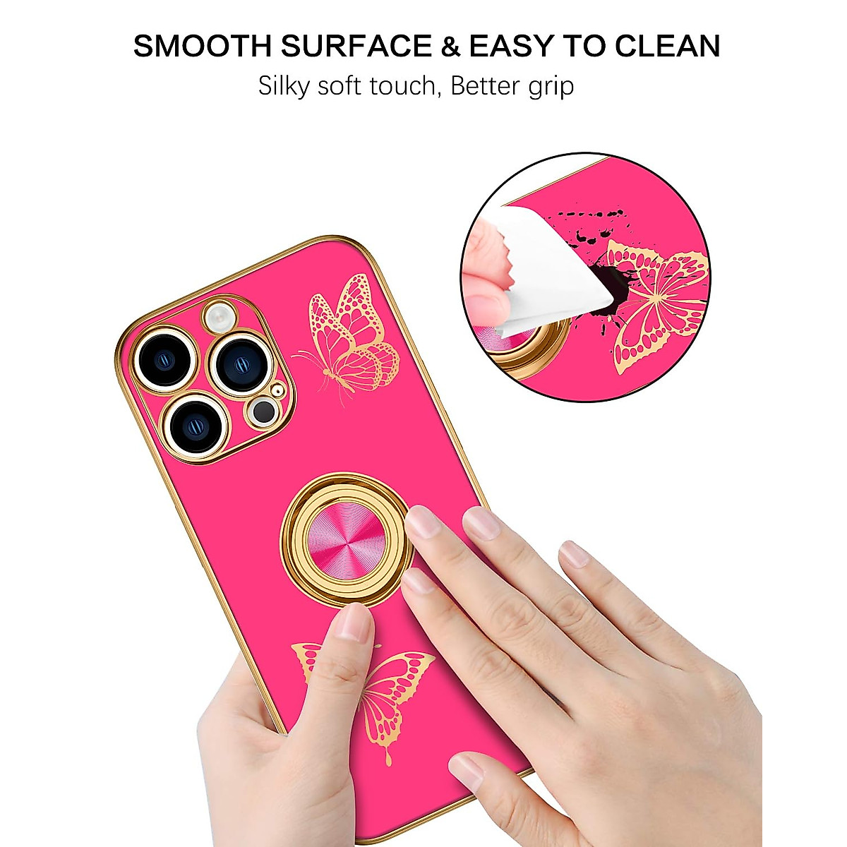 BENTOBEN for iPhone 13 Pro Max Case, Phone Case iPhone 13 Pro Max, Cute Butterfly Plating 360° Ring Holder Kickstand Magnetic Car Mount Supported Soft Bumper Women Men Drop Protective Cover, Hot Pink