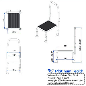 AdjustaStep(tm) Deluxe Step Stool/Footstool with Handle/Handrail, Height Adjustable. 2 Products in 1. Modern White/Blue Design. Padded Non-Slip Handle. 300 lb. Capacity