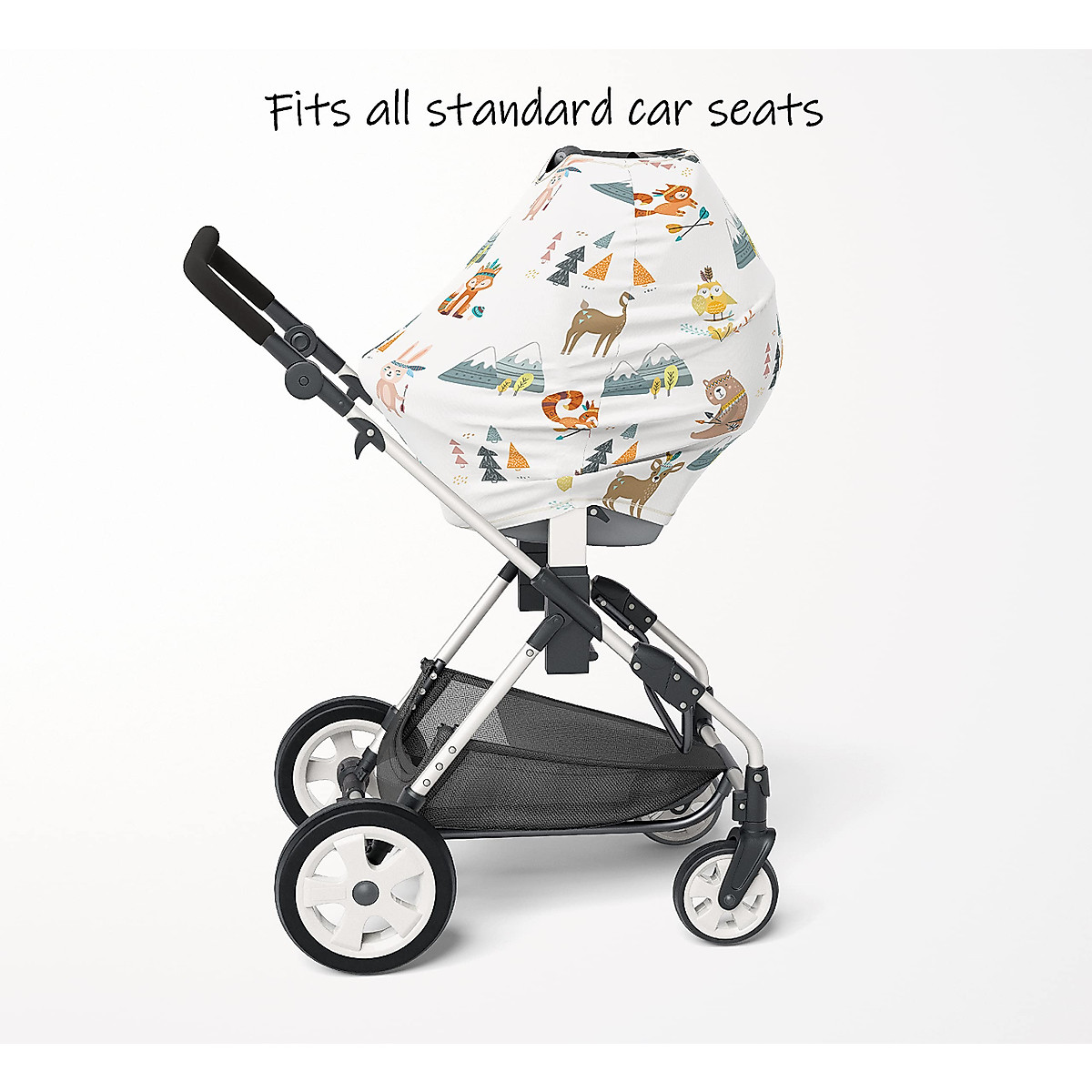 YayaTete Stretchy Multi Use Cover Woodland Animals Car Seat Canopy Nursing Breastfeeding Cover Up Shopping Grocery Cart High Chair Covering Baby Nursery Decor, White, Tan, Brown, One Size