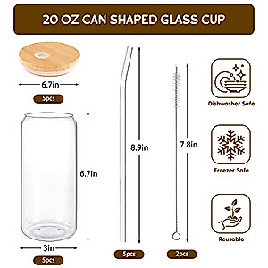 Moretoes 5 Pack 20oz Glass with Bamboo Lids and Glass Straw, Reusable Drinking Glasses Cups for Home Travel Office Coffee Tea Boba Juice Ice-cream