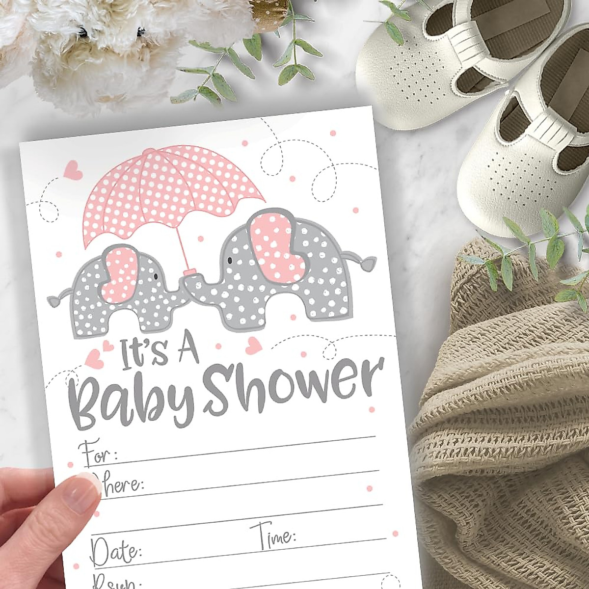 Pink Elephant Girl Baby Shower Invitations (20 Count) with Envelopes