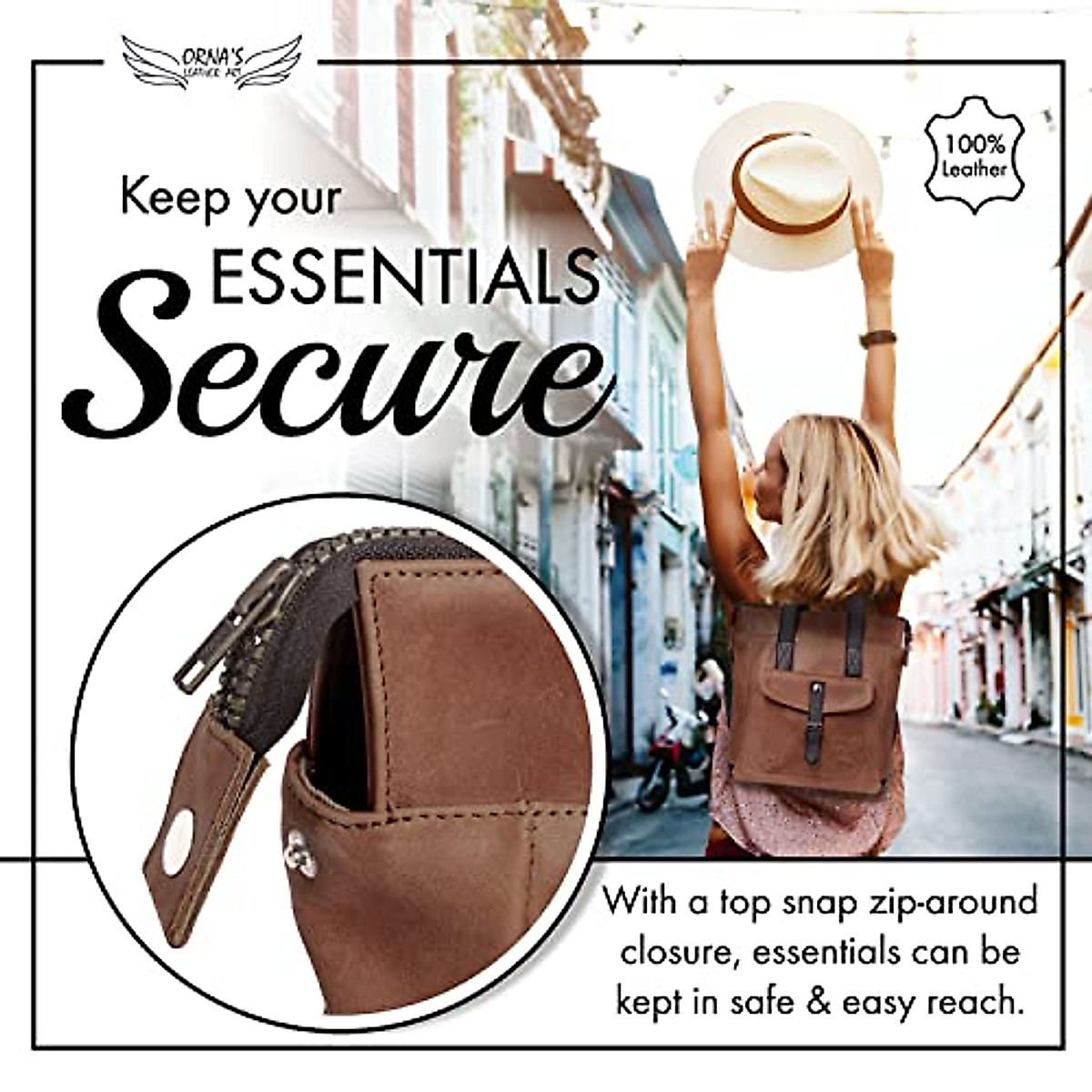 ORNA'S LEATHER ART | Mini SWAN Everyday leather backpack for Women. Practical, Stylish and Spacious Women’s Bag. Real Leather in A Chic Backpack And Contemporary Design (Brown)