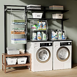 X-cosrack 3 Tier Foldable Closet Organizer, Clothes Shelves with 5 S Hooks, Wall Mount&Cabinet Wire Storage Basket Bins, for Clothing Sweaters Shoes Handbags Clutches Accessories-White Patent Design