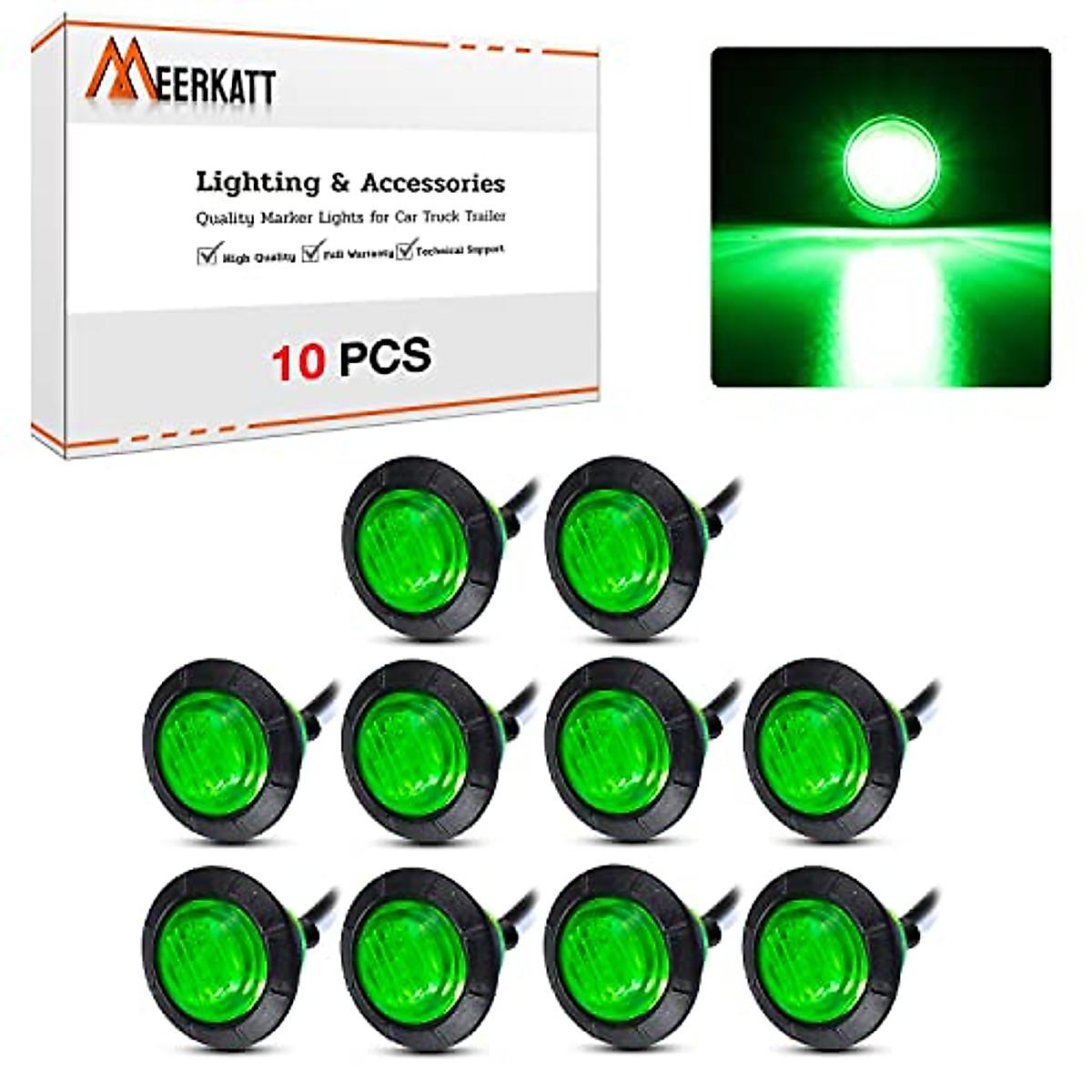 Meerkatt (Pack of 10) 3/4 Inch Mini Round Green LED Flush Mount Indicator Light Side Marker Clearance Lamp w/Grommets Universal Fit Truck Trailer Boat Pickup 12V DC