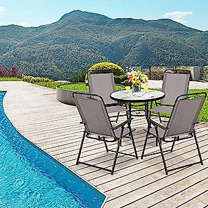 Giantex Patio Chairs Set of 4, Outdoor Folding Chairs with Armrests, Metal Frame, Outside Foldable Dining Chairs for Lawn Deck Porch Beach Yard (Gray & Black)