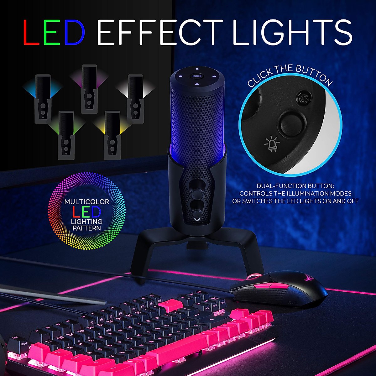 Pyle Selectable Pickup Pattern RGB USB Microphone - 4 Recording Modes Cardioid, Bidirectional, Stereo, Omnidirectional - Condenser Audio Mic w/LED Lights for Gaming Podcasting Studio PC, and Mac