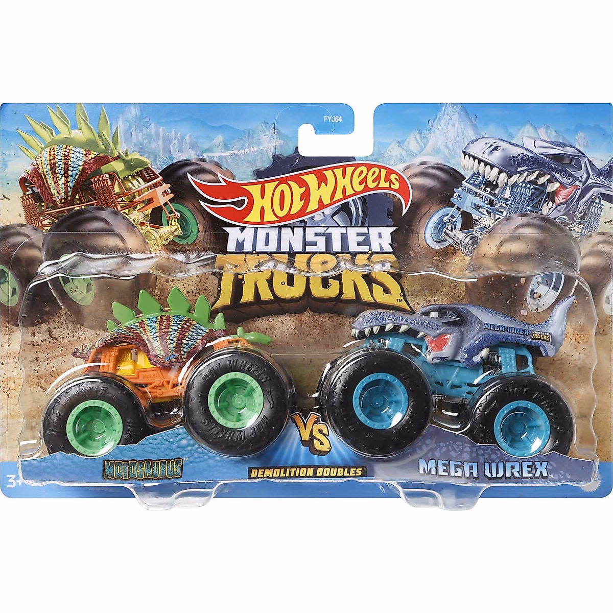 Hot Wheels Monster Trucks 1:64 Scale Dino 2-Pack, Set with Motosaurus & Mega-Wrex, Toy for Kids & Collectors