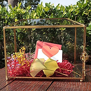 QLQSIMON 10.2'' Handmade Gold Geometric Terrarium - Glass Wedding Card Box with Slot and Lock- Large Clear Display Box for Wedding Reception, Wishwell, Keepsake
