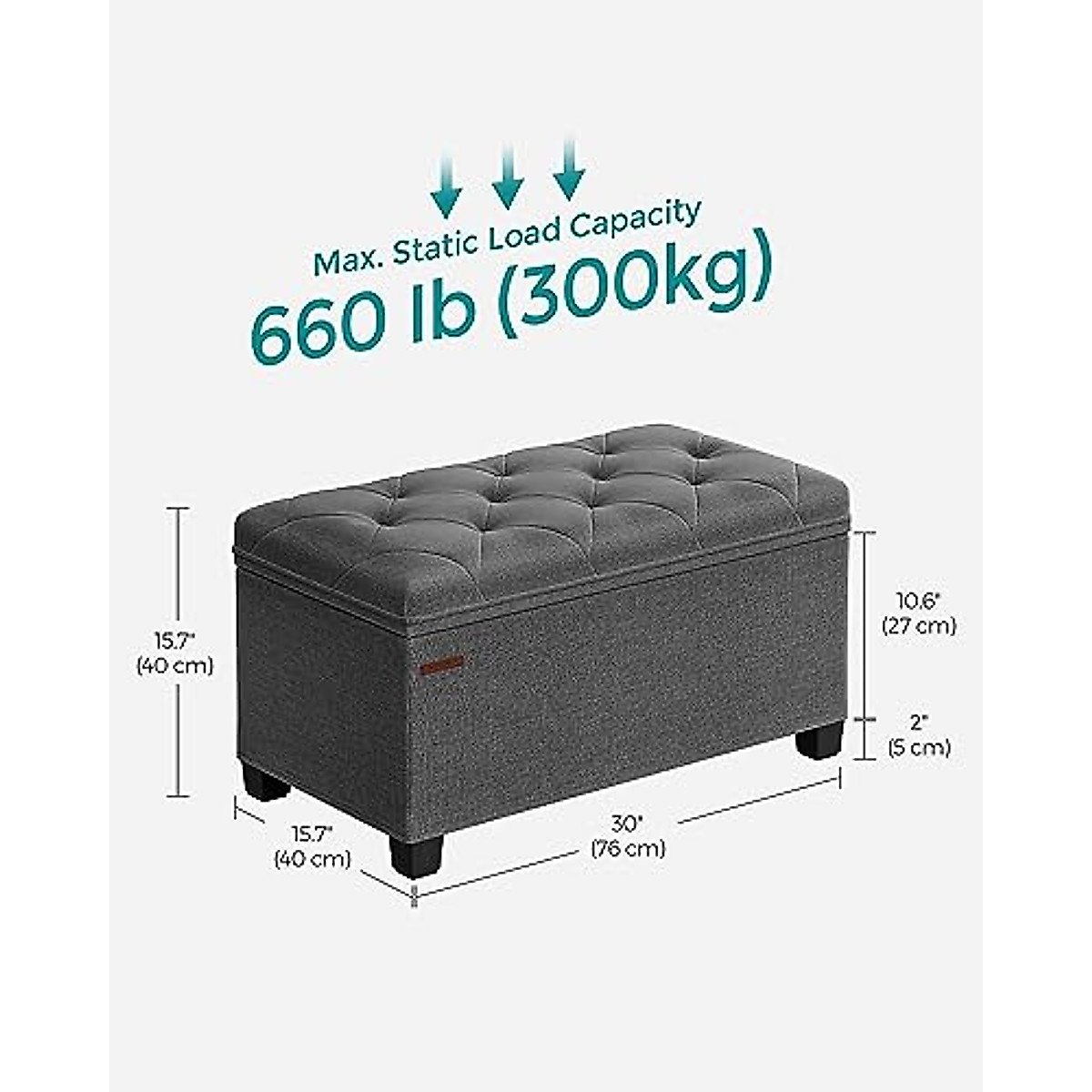 SONGMICS Storage Ottoman Bench, Foot Rest with Legs, 15.7 x 30 x 15.7 Inches, End of Bed Bench, Storage Chest, Load up to 660 lb, for Living Room, Bedroom, Entryway, Dark Grey ULSF068G01