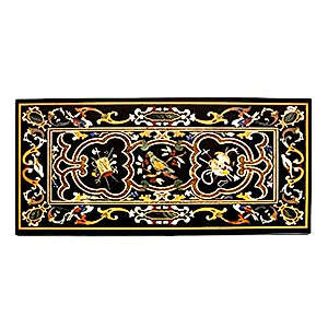 48" X 24" Inch Natural Black Marble Dining Table Pietra Dura Floral Marquetry Patio Table, Outdoor Furniture Table, Italian Style Table