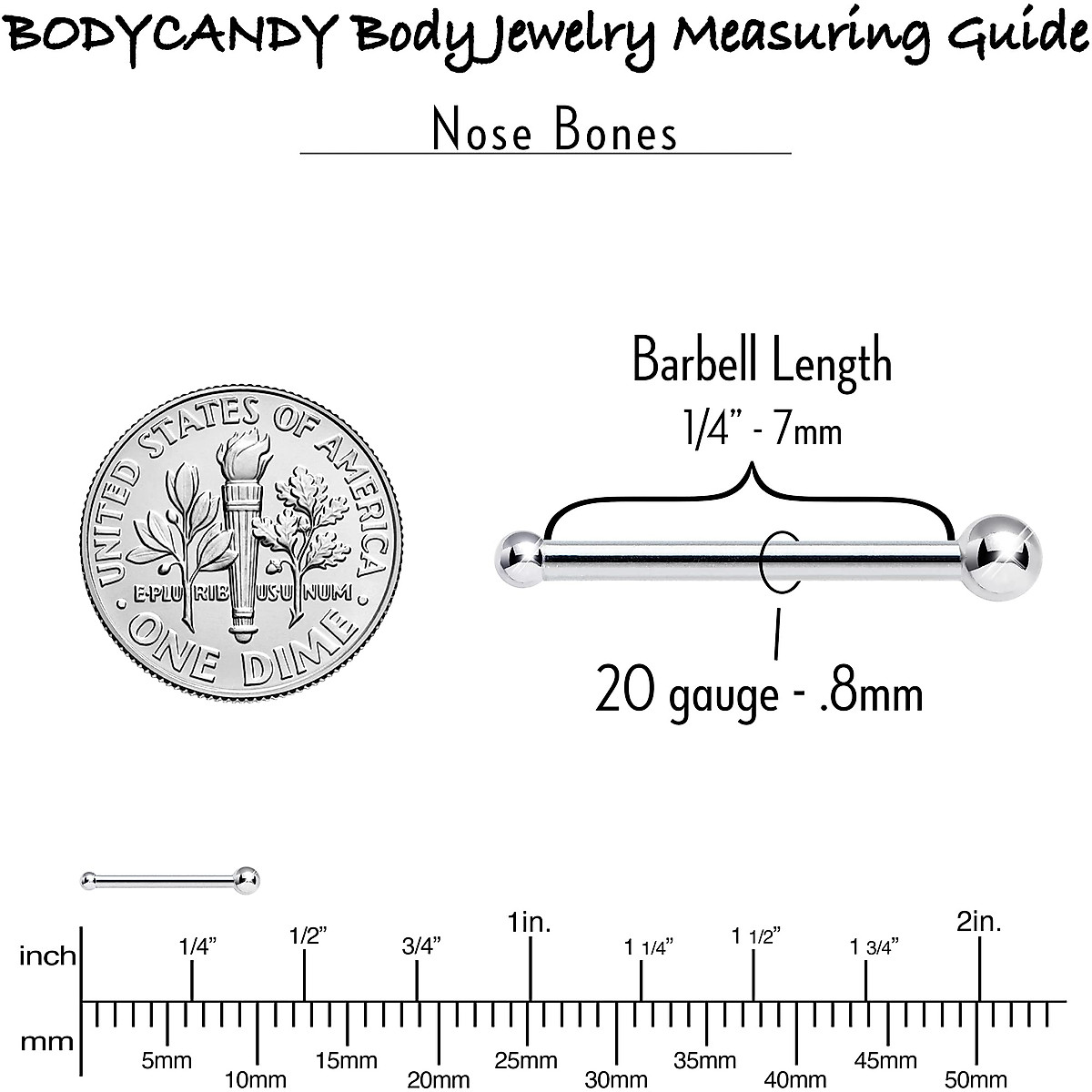 20 Gauge 1/4" Length 14k White Gold 1.5mm Ball Nose Bone Straight Nose Ring