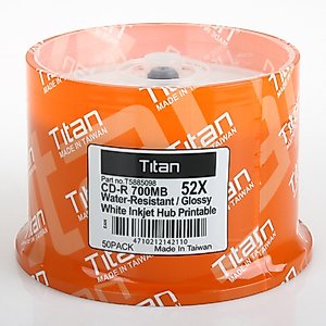 Titan CD-R 52X Water Resistant Glossy White Inkjet Printable Blank Media Discs 700MB (T5885098) in 2 x 50 Cake Box