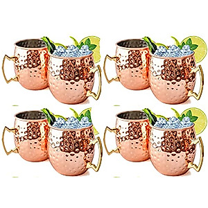 Moscow Mule Mugs Set of 8 | Large Size 19 ounces | Stainless Steel Lining Copper Hammered Cups | | Pure Copper Plating | Gold Brass Handles Gift Pack…