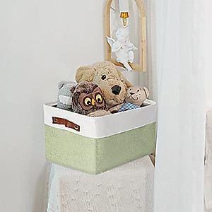 Lucky Monet 3PCS Foldable Fabric Storage Bin Set Collapsible Cotton Linen Storage Basket Cube Closet Organizer Box w/Faux Leather Handles (Green & White)