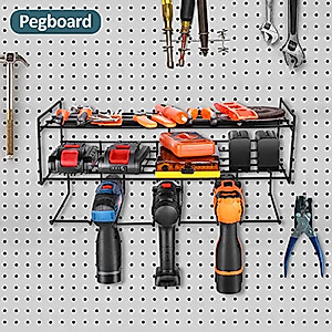 Soldow Power Tool Organizer Drill Storage Rack, Heavy Duty Floating Tool Shelf Wall Mounted, Cordless Drill Holder Hanging Steel Rack for Tools Storage Garage, Pegboard, Plank, Cement Wall