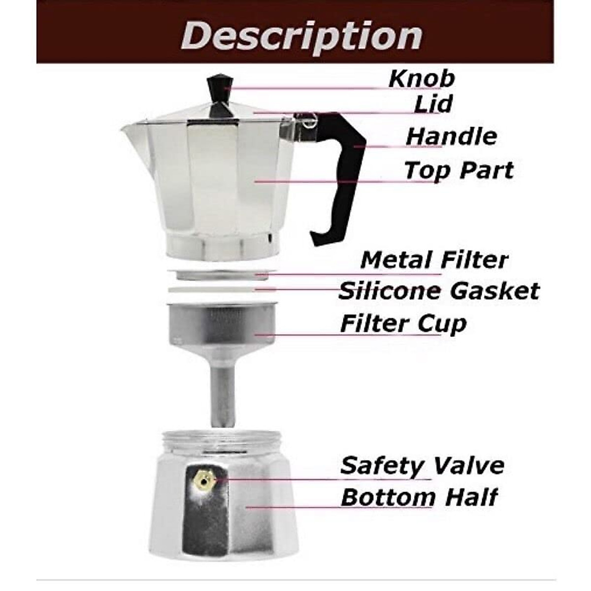 MINBAI Aluminum Espresso Coffee Maker Pot for Great Flavored Strong Espresso, Classic Italian Style Moka Pot, Makes Delicious Coffee, Easy to Operate & Quick Cleanup (12 cups)(Silver), XL, (MB-600)
