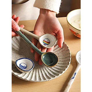 YUURAIN VUVU Japanese Large Spoon, Handmade Long Handle Asian Spoons, Retro Ceramic Spoons, Ramen Spoons, Pho Spoons, Large Soup Spoons with Cute Hand-Painted Pattern, Hand-Kneaded (2 Pieces) - D