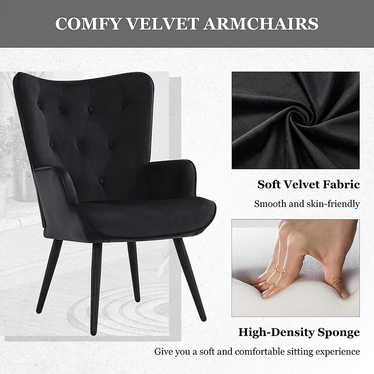 Furnimart Black Velvet Accent Chair Mid Century Modern Living Room Chairs; Comfy Armchair Leisure Vanity Guest Wingback Chair for Office Study Vanity Bedroom Waiting Room