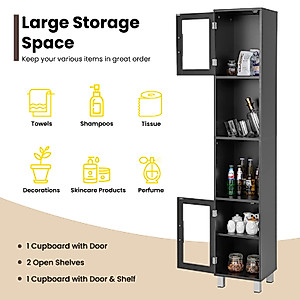 Tangkula Tall Bathroom Cabinet, Home Living Room Wood Storage Cabinet Free Standing w/ 4 Shelves and 2 Glass-Paneled Doors Suitable Tall Bathroom Cabinet