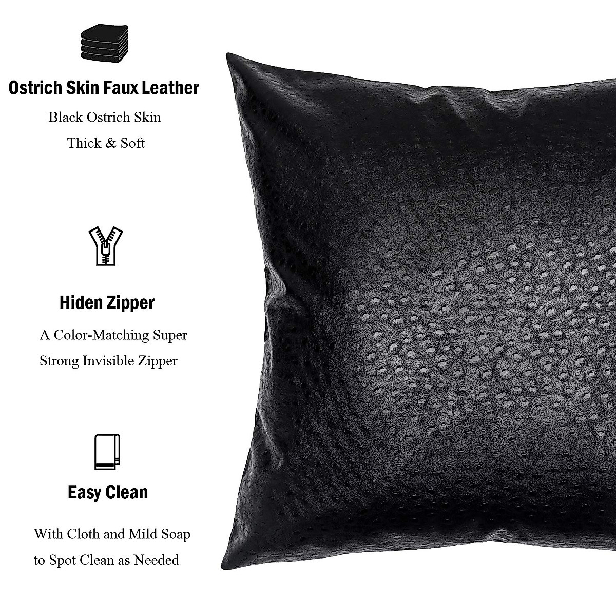 HDDahua Black Ostrich Skin Faux Leather Throw Pillow Covers, Modern Faux Leather Couch Lumbar Cushion Covers for Couch Bed Sofa 20x 20 Inches