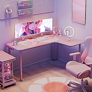 DESIGNA Pink Gaming Desk, 60 inch Pink L Shaped Gaming Desk, with Full Covered Cute Pink Desk mat for Girl Gaming Desk Pink, Easy to Assemble, Right Side