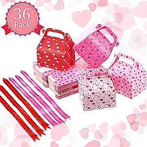 36 Pieces Mini Valentines Day Treat Boxes, Sweet Red and Pink Cardboard Paper Box Heart Printed Candy Boxes for Goody Cookie Holder with 40 Pieces Wrapping Bow Ties for Valentine's Day Party Supplies