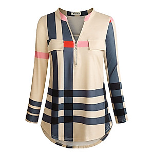 Moyabo Women Clothing Women's 3/4 Cuffed Sleeve Zip Notch V Neck Casual Plaid Tunic Shirt Blouse Top Apricot Medium