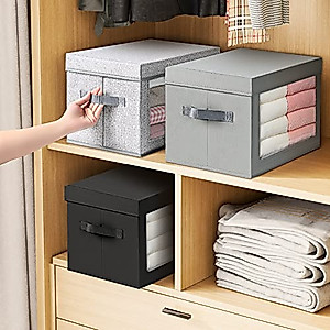 DIMJ Storage Bins with Lids, Foldable Sorage Bin for Closet, Storage Baskets with Window, Fabric Storage Bins with Handle for Clothes, Books, Baby items (Grey, Set of 4)