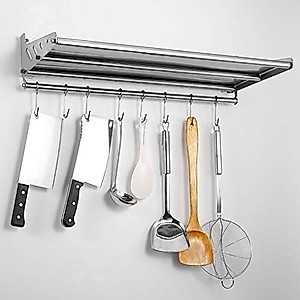 Funan Mountain Stainless Stell Wall Mount Shelf with Hooks 304 Bathroom Kitchen Commercial Shelf Rack Restaurant Bar Multifunctional Storage Shelf (10.63, 31.5)