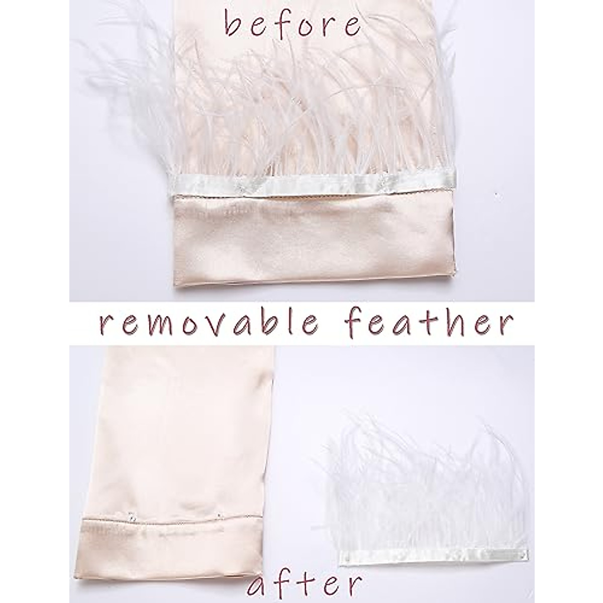 Ekouaer Women's Feather Trim Silk Satin Pajamas Set Long Sleeve Lounge Sets Comfy Long Sleeve Sleepwear Party Pjs Champagne L