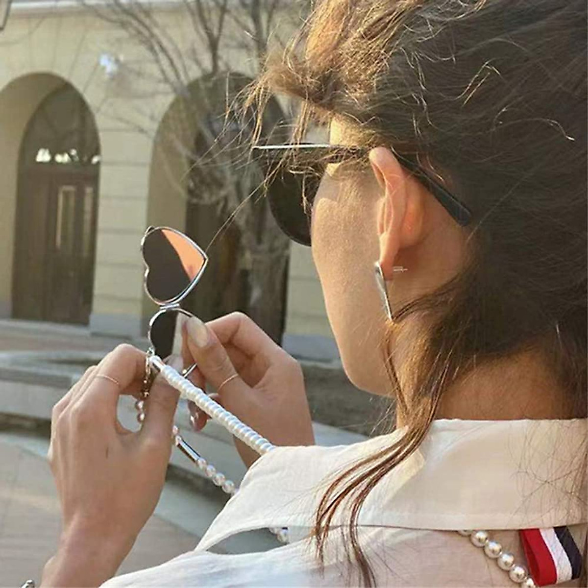 Wiwpar Waist Chain for Women Pearl Dress Belt Stylish Long Pearl Chain for Clothing Heart Mirror Accessories