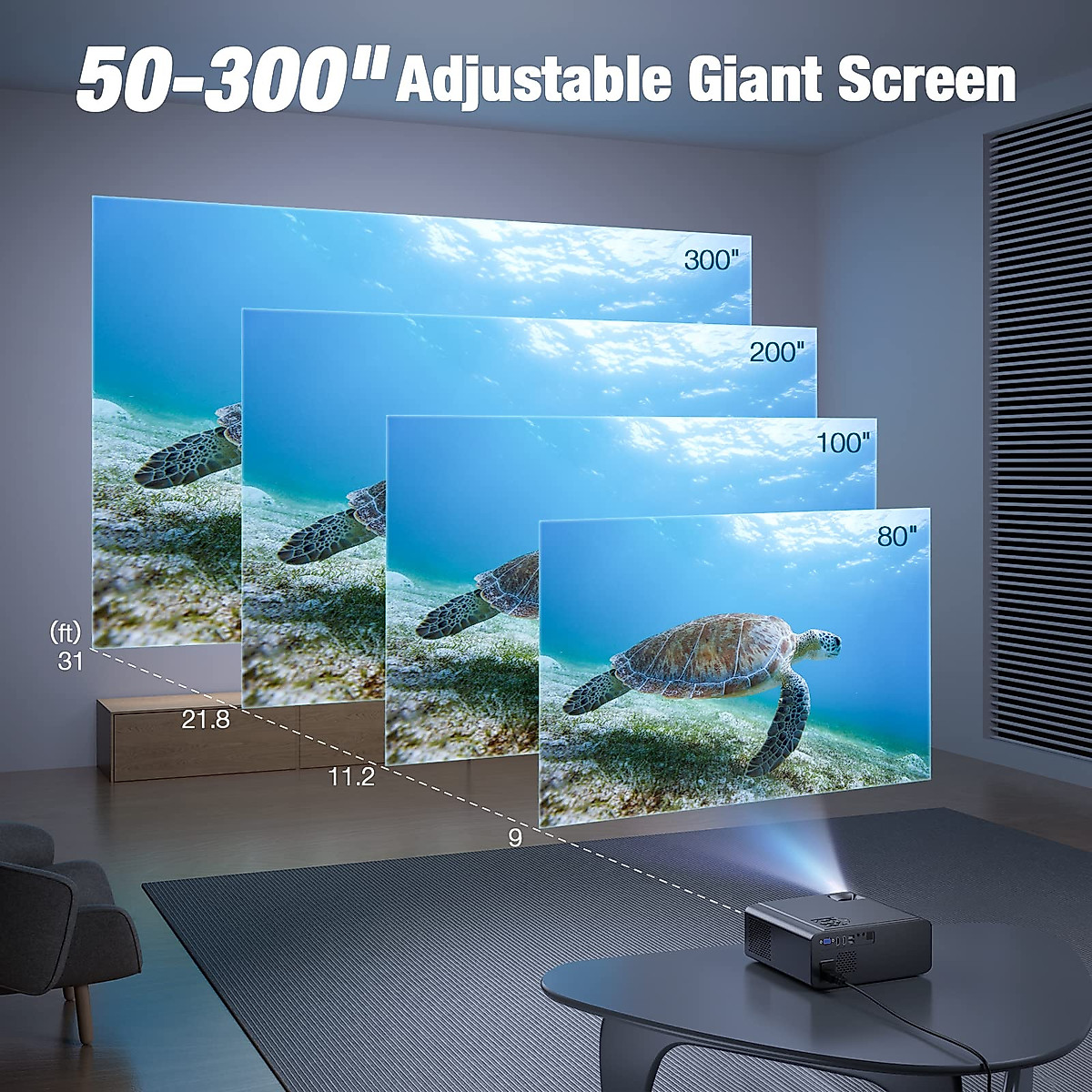 5G WiFi Bluetooth 4K Projector, Autofocus 450 ANSI Lumen Full HD Native 1080P Projector, Outdoor Projector Auto 6D Keystone, 50% Zoom, 300” Display Movie Projector for Home Theater