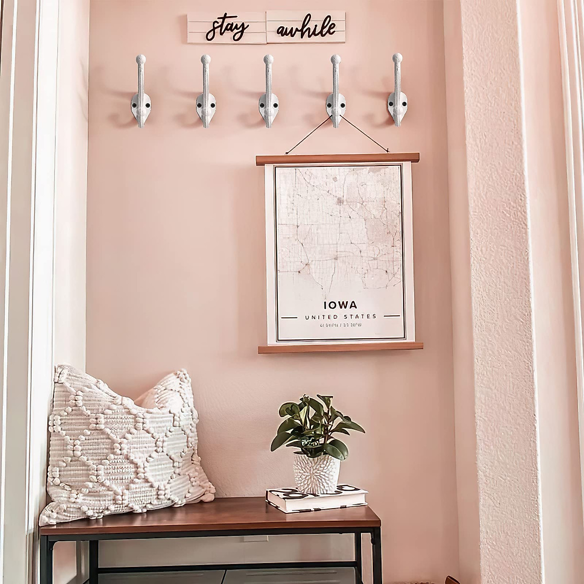 rumdraw Vintage Wall Mount Iron Hooks (Distressed White, Set of 5) for Coats ，Towels，Bags， Hats