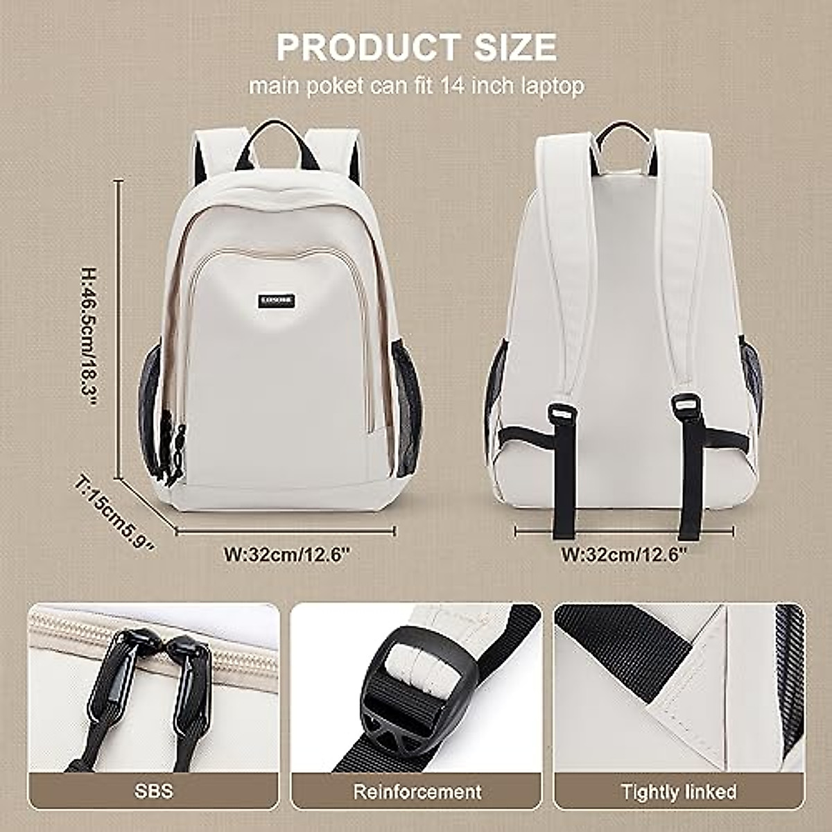 coowoz College Backpack Waterproof White College Bags For Women Lightweight Travel Rucksack Casual Daypack Laptop Backpacks For Men Women(White)